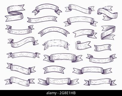 Banners ribbons in style of engraving. Vintage sketch vector ...