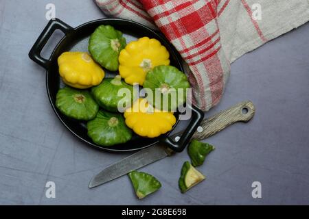 Patisson pumpkins in pot, mini patissons, Germany Stock Photo - Alamy