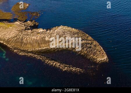 Coastal landscape with basalt formations, Kalfshamarsvik, Hunafjoerour ...