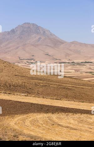 Landscape of highland with mountains and fields, suburb of Hamedan ...