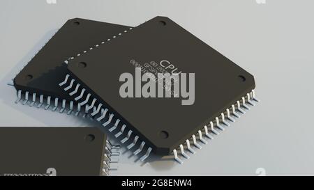 CPU computer processors lying on white flat surface. Top view. 3D ...