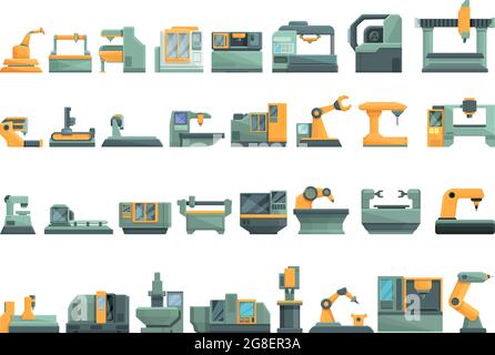 Cnc machine icons set cartoon vector. Mill controller. Industrial tool ...