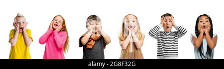 Collage made of portraits of 2 little girls isolated on white studio ...