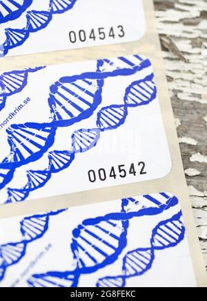 Sealing labels with DNA motifs which is part of the police's forensic ...