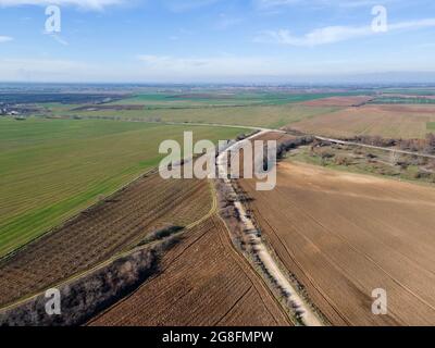Aerial Sunset view of Upper Thracian Plain near city of Plovdiv ...