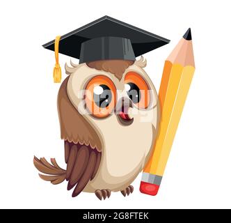 Owl in graduation cap holding green apple. Back to school. Wise owl ...