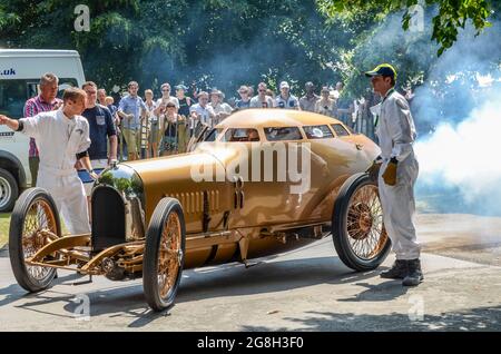 Old vintage car with a streamlined aerodynamic body shape with large ...