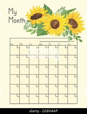 Watercolor frame, template with yellow sunflowers, vibrant plants. Hand ...