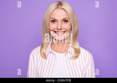 Photo of gorgeous positive girl toothy smile arms hold giftbox isolated ...