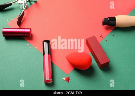 Makeup supplies on color background Stock Photo - Alamy