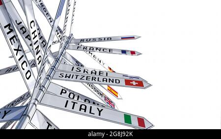 Signpost with national flags of different countries, white background ...
