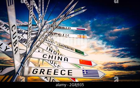 Signpost with national flags of different countries, sky in background ...