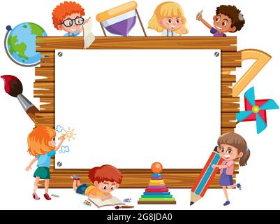 Empty wooden frame with many school kids cartoon character illustration ...