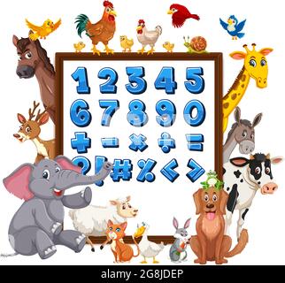 Number 0 to 9 and math symbols on banner with wild animals illustration ...