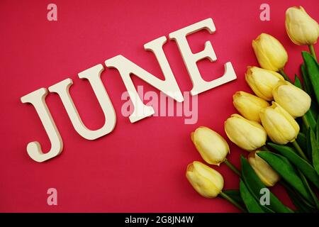 June alphabet letter and tulip flower with space copy on purple ...