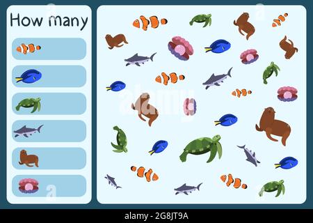 Math game worksheet cartoon turtle characters on tropical island ...