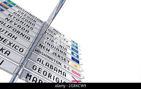 Signpost with different states in the USA, white background - 3D ...