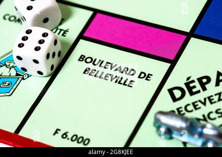 Close up of Boulevard de Belleville on a French Monopoly Board Stock ...
