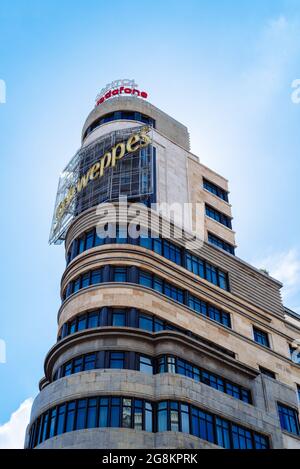 Carrion building, iconic Art Deco landmark, in Gran Via, Madrid, Spain ...
