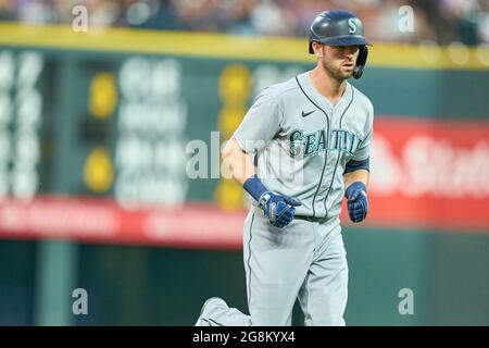 Seattle Mariners' Mitch Haniger hits against the Los Angeles Angels ...