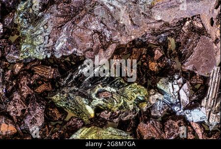 Potassium permanganate crystals under a microscope. Abstract science or ...
