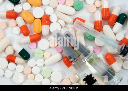 Medical concept with different types of medicines on white background ...
