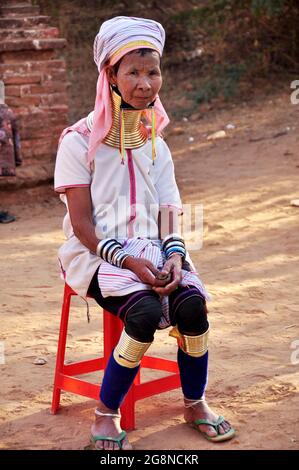 Kayan Lahwi woman ethnic groups of Kayah State of Karen people wear the brass neck rings in Long ...