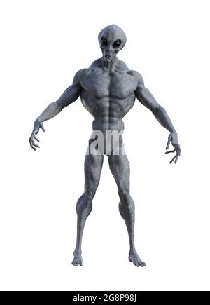 3d illustration of a grey alien with a toned muscular body looking into ...