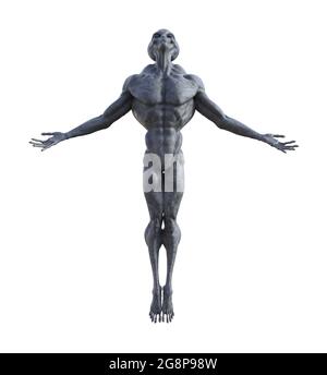 3d illustration of a grey alien with a toned muscular body looking into ...