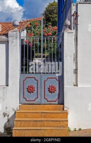 Closed iron gate in the facade of a palace with the inner yard behind ...