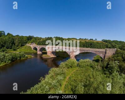 Ladykirk and Norham Bridge crossing the River Tweed across the Anglo ...