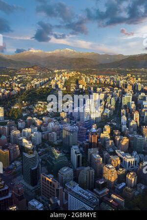 Aerial view of the city of Santiago with the mountains behind, Chile ...