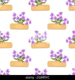 Seamless pattern with sticking plasters and purple flowers. Medical ...