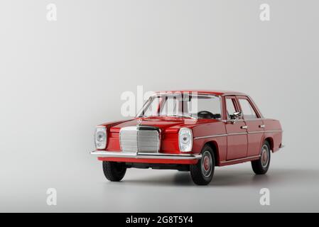 Izmir, Turkey - April 13, 2021: Side view of red colored Mercedes Benz ...