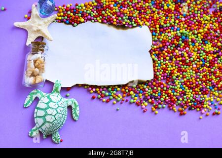 Blank note with starfish, turtle, seashell bottle flatly. Vintage old ...