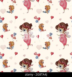 Happy pregnancy seamless pattern. Cute pregnant girl in a pink dress on ...