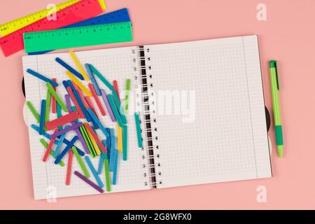 colorful rulers, pen and notebook on white background Stock Photo - Alamy