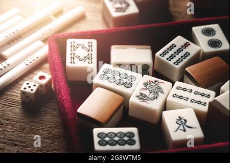 Equipments for Mahjong game. Mahjong is the ancient asian board game ...