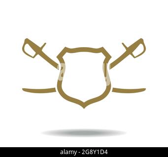 Crossed medieval weapon behind shield flat monochrome isolated vector ...