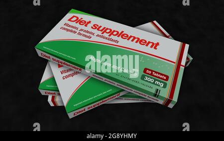 Vitamin tablets box. Health supplement pills pack factory. Abstract ...