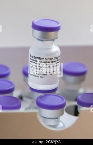 July 20, 2021, London, United Kingdom: Vials of Pfizer/ BioNTech Covid ...