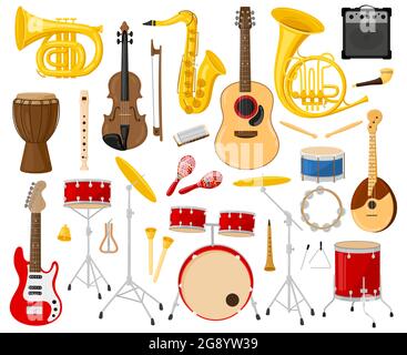Cartoon musical instruments, guitars, bongo drums, cello, saxophone ...