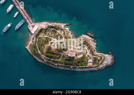 Guvercinada in Kusadasi, Turkey. Historical fortress surrounded by ...