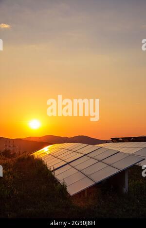 Sun setting over solar farm Stock Photo - Alamy