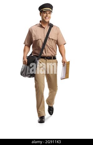 Postman walking towards camera and carrying a bag isolated on white ...
