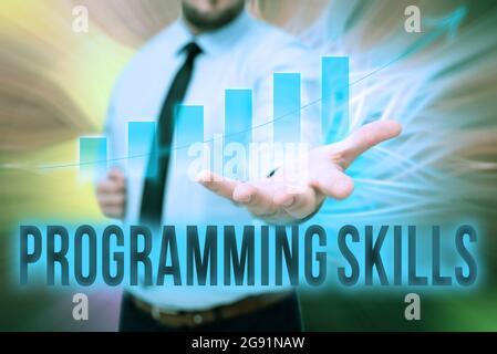 Text caption presenting Programming Skills. Concept meaning skills vital to write a program so ...