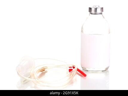 Bottle of intravenous antibiotics and plastic infusion set isolated on ...