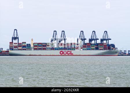 Container ship OOCL United Kingdom docking at the Port of Felixstowe ...