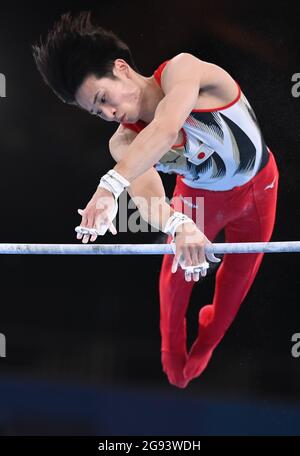 July 24, 2021: Kazuma Kaya (148) of Japan celebrates after his pommel ...