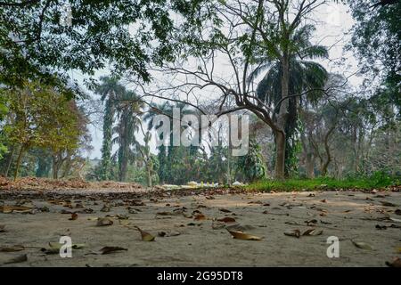 A ground level perspective shot from the centre of a road passing ...